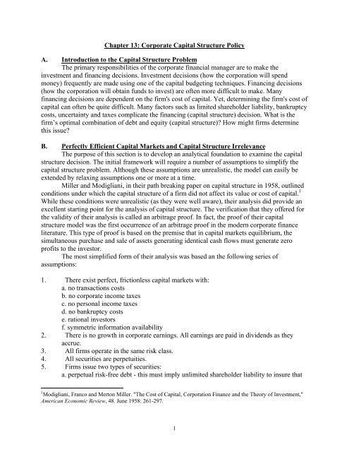 Chapter 13: Corporate Capital Structure Policy A. Introduction to the ...