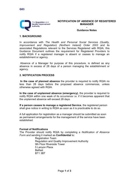 Absence of Registered Manager - Notification Form - Guidance Notes