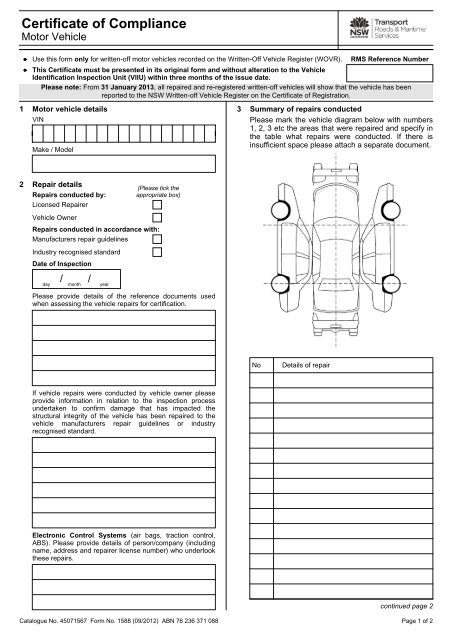 WOVR - Certificate of Compliance - Motor Vehicle - RTA