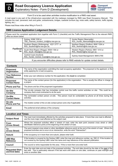 Road Occupancy Licence Application - Development Activities - RTA