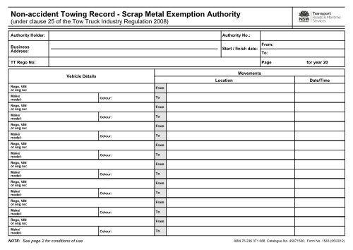 Non-accident Towing Record - Scrap Metal Exemption Authority - RTA