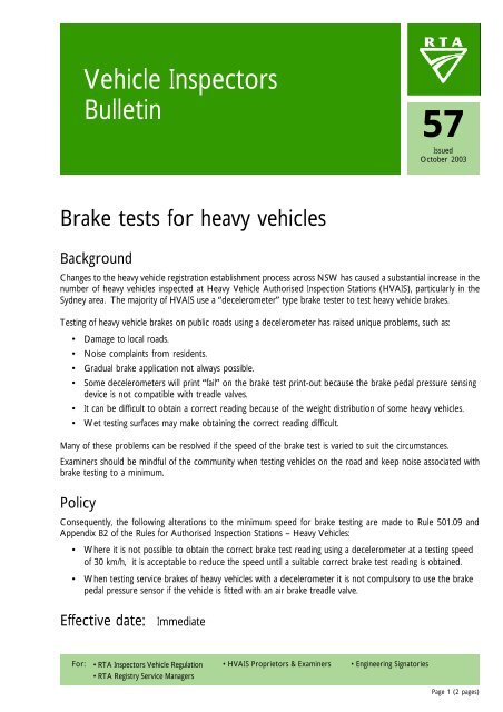 Brake tests for heavy vehicles - RTA