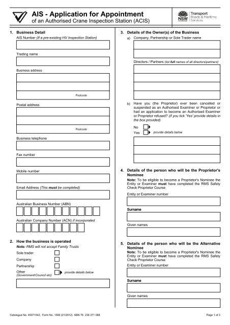 AIS - Application for Appointment of an Authorised Crane ... - RTA
