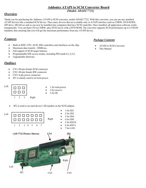Addonics ATAPI to SCSI Converter Board Overview Features Outlines