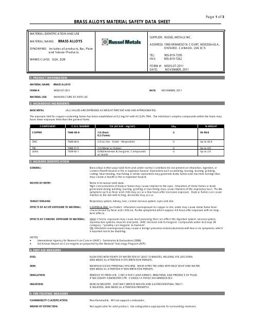 MSDS - Brass Alloys - Russel Metals, Inc.