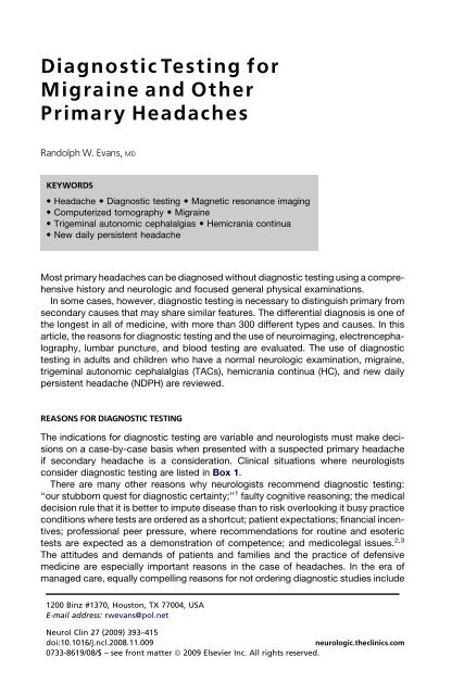 Diagnostic Testing for Migraine and Other Primary Headaches