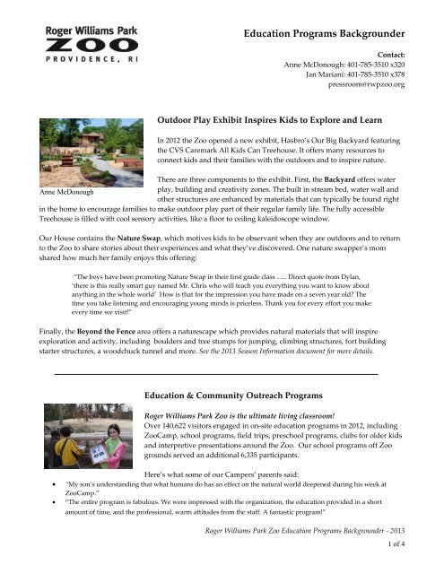 Education Programs Backgrounder - Roger Williams Park Zoo