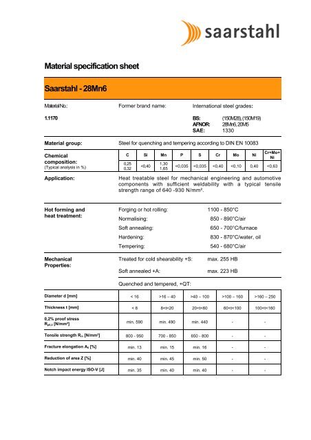 Material specification sheet Saarstahl - 28Mn6