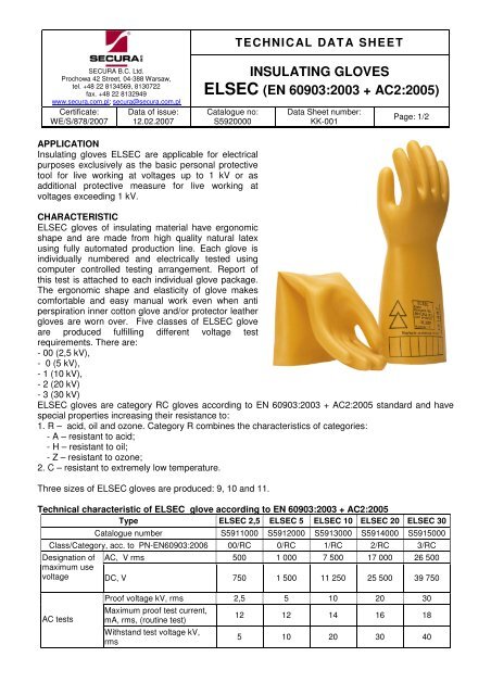insulating gloves elsec (en 60903:2003 + ac2 ... - Sabelijos prekyba