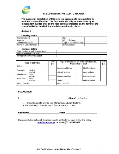 Pre Audit Checklist Vers 2 - Sabita