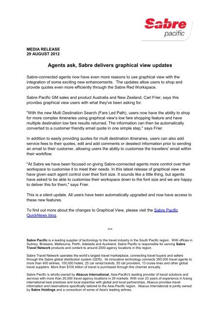 Agents ask, Sabre delivers graphical view updates - Sabre Pacific
