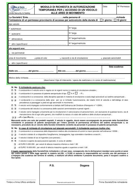 MODULO DI RICHIESTA DI AUTORIZZAZIONE TEMPORANEA PER ...
