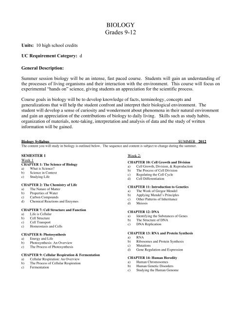 Course desc Biology - Archbishop Mitty High School