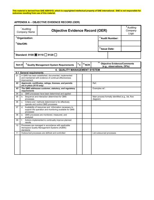 Objective Evidence Record (OER) - SAE