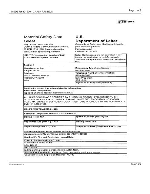MSDS for #21930 - CHALK PASTELS - Dick Blick