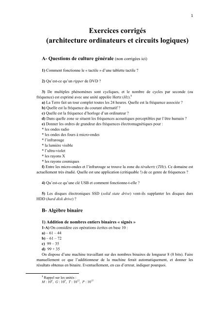 exercices corrigés sur architecture des ordinateurs pdf