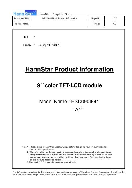 HannStar Product Information 9 ˝ color TFT-LCD module