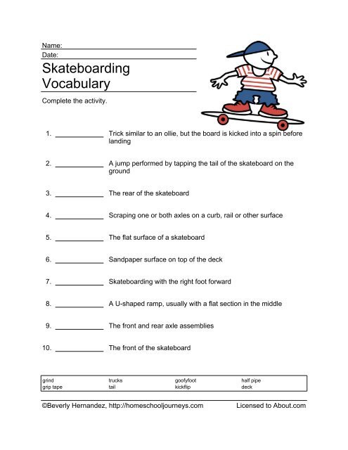 Skateboarding Vocabulary Sheet - Homeschooling - About.com