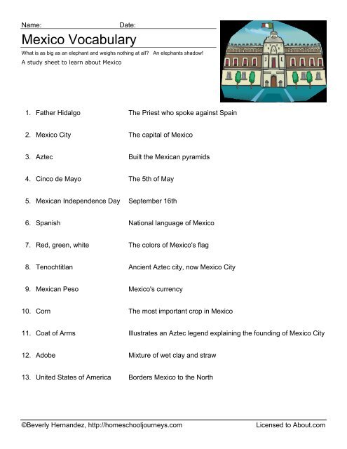 Mexico Vocabulary Study Sheet - Homeschooling - About.com