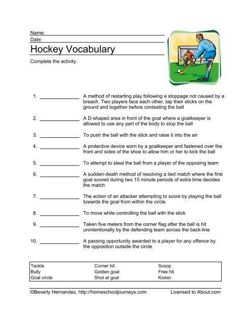 Hockey Vocabulary Sheet - Homeschooling - About.com