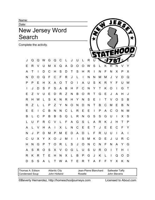New Jersey Firsts Word Search - Homeschooling - About.com