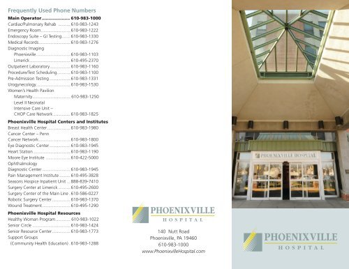 Frequently Used Phone Numbers - Phoenixville Hospital