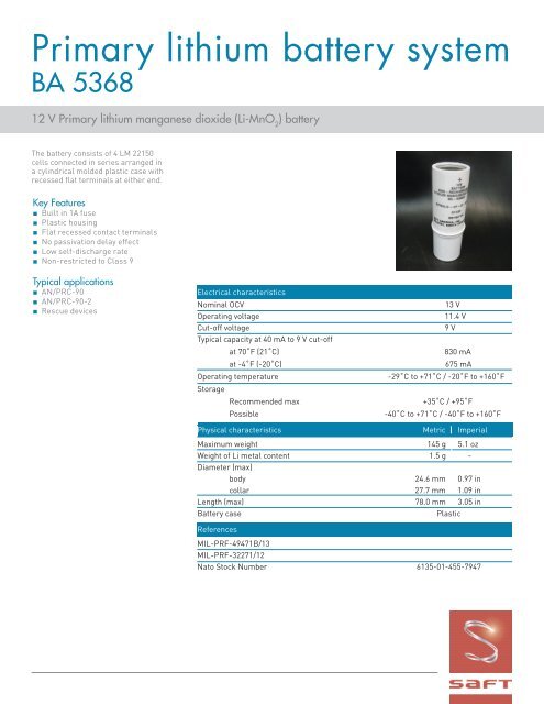 Primary lithium battery system - Saft