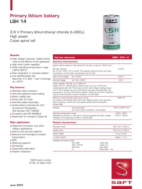 Primary lithium battery LSH 14 - Saft