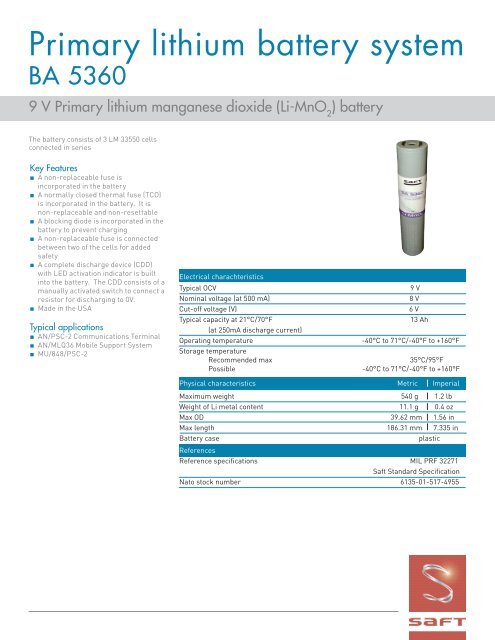 Primary lithium battery system - Saft