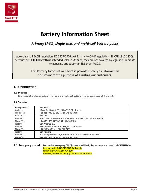 Battery Information Sheet Primary Li-SO2 single cells and multi ... - Saft
