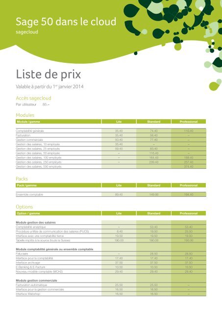 Liste de prix - Sage Schweiz AG