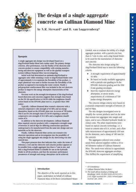 The design of a single aggregate concrete on Cullinan ... - saimm