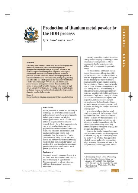 Production of titanium metal powder by the HDH process - Mintek