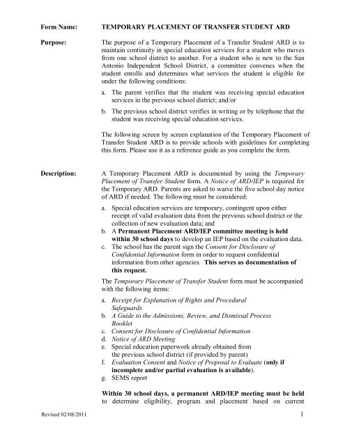 temporary placement of transfer student ard - San Antonio ...