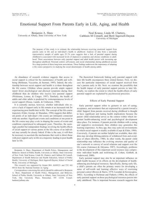 Emotional Support From Parents Early in Life, Aging, and Health