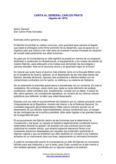 CARTA AL GENERAL CARLOS PRATS - Salvador Allende