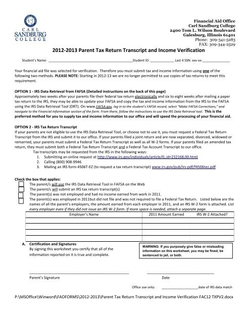 2012-2013 Parent Tax Return Transcript and Income Verification