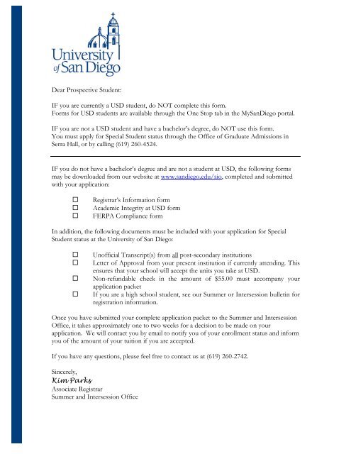 Special Student Status (Not a current USD student) - University of ...