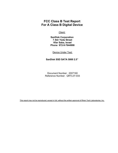 FCC Class B Test Report For A Class B Digital Device - SanDisk