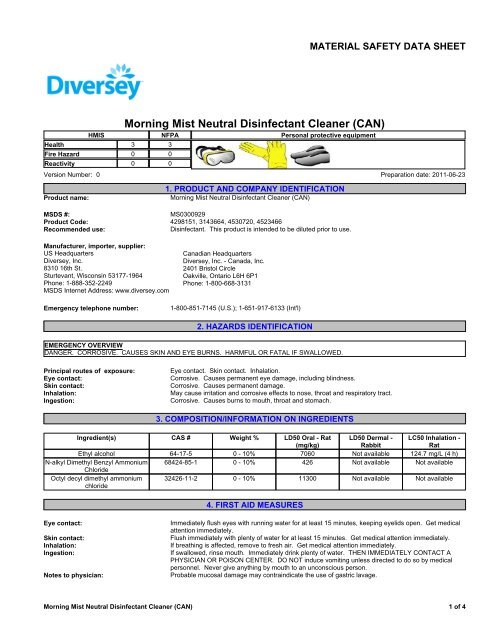 Morning Mist Neutral Disinfectant Cleaner (CAN) - Material Safety ...