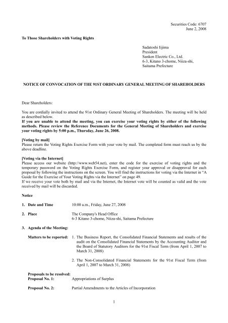 Notice of Convocation of The 91st Ordinary General Meeting of ...