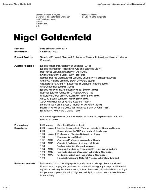 Resume of Nigel Goldenfeld - Santa Fe Institute