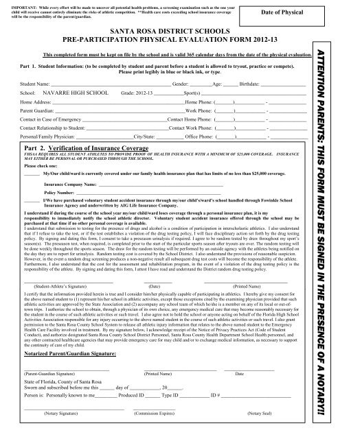 Pre-Participation Physical Evaluation Form - Santa Rosa County ...