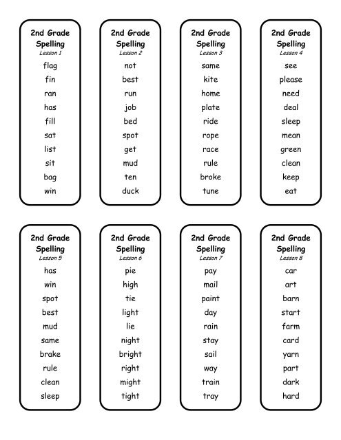 2nd Grade Spelling flag fin ran has fill sat list sit bag win 2nd Grade ...