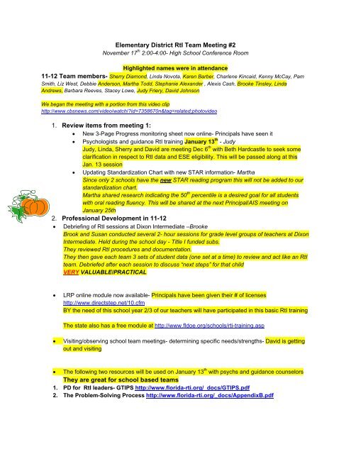 Response to Intervention meeting agenda (elementary)