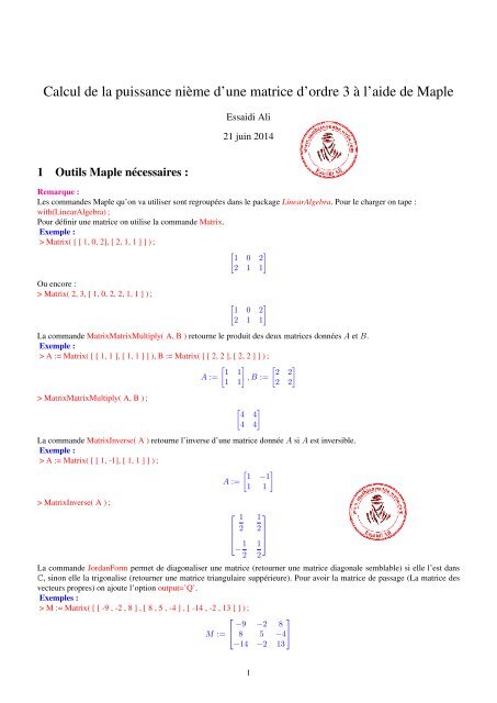 Calcul de la puissance nième d’une matrice d’ordre 3 à l’aide de Maple