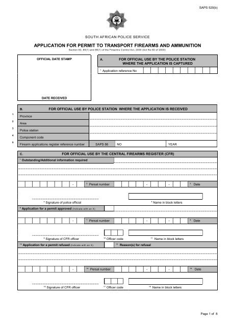 application for permit to transport firearms and ammunition - Saps