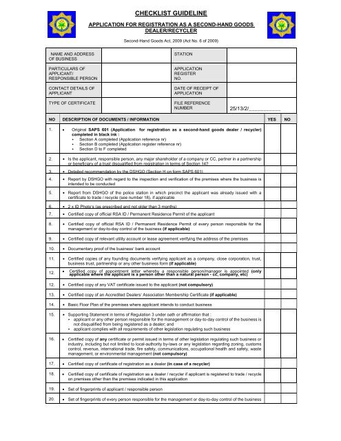 CHECKLIST GUIDELINE - Saps CHECKLIST GUIDELINE - Saps