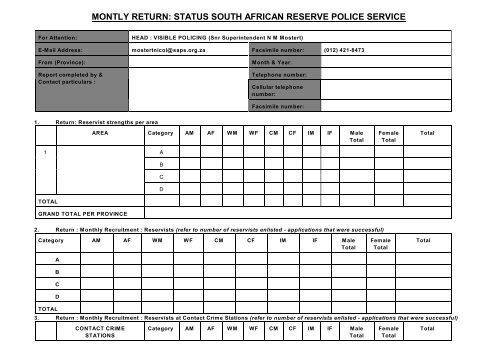 montly return: status south african reserve police service - Saps