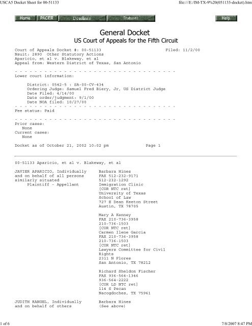 USCA5 Docket Sheet for 00-51133 - Clearinghouse